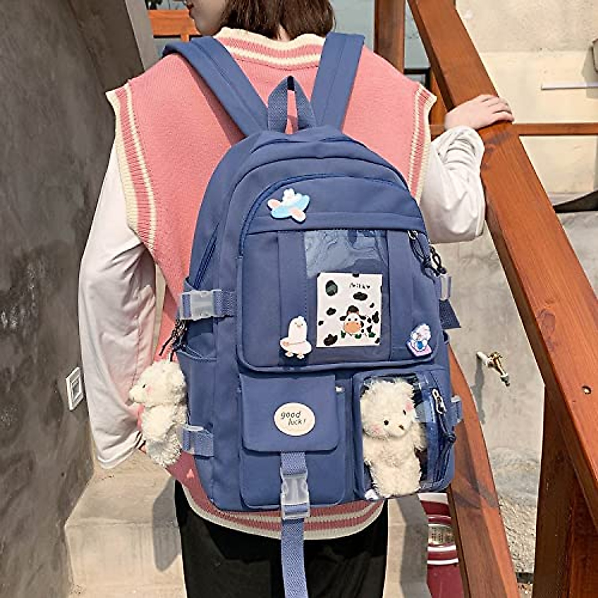 CHERSE School Backpack for Teen Girls Back to School Aesthetic Cute Adorable Lovely with Pin and Cute Accessory (Blue)