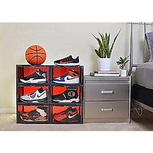 ShoeBaks 3 Pack Shoe Display Case Stackable Shoe Box and Storage Container Organizer for Shoes Sneakers and Boots Clear Transparent Magnetic Door Black and Red