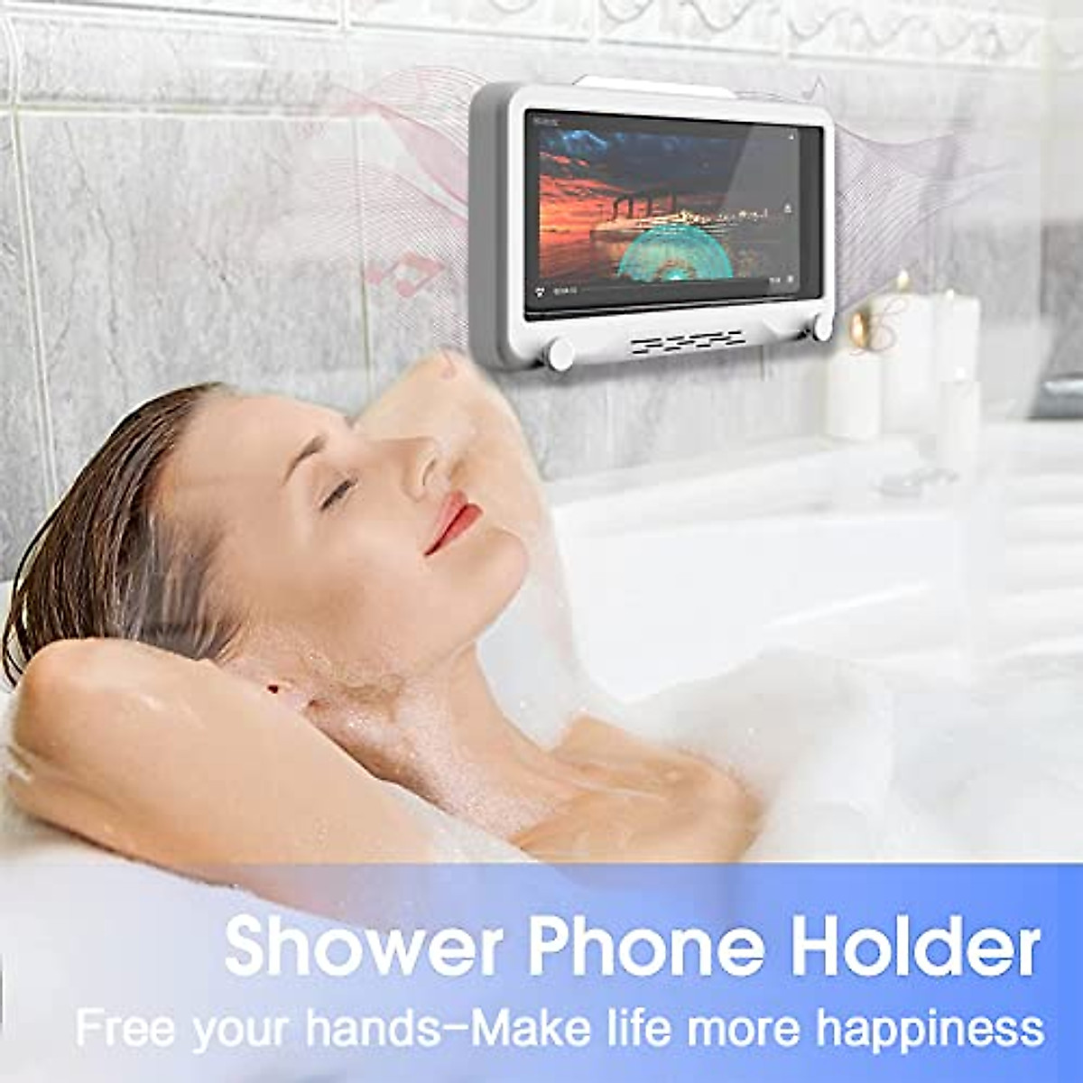 REALHOOK Shower Phone Holder Waterproof Anti-Fog Touch Screen Shower Accessories Wall Mount Phone Holder for Shower Bathroom Mirror Bathtub Kitchen for 4&quot; - 7&quot; Cell Phones 360 Rotating (White)