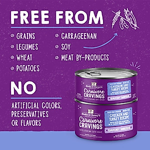 Stella & Chewy’s Carnivore Cravings Savory Shreds Cans – Grain Free, Protein Rich Wet Cat Food – Cage-Free Chicken & Turkey Recipe – (2.8 Ounce Cans, Case of 12)