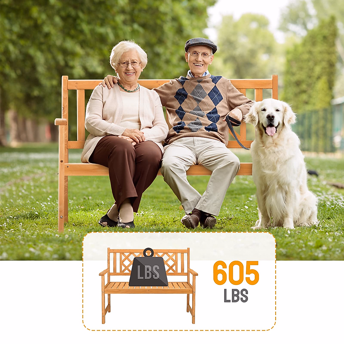 Outvita Wooden Garden Bench, Outdoor Wood Patio Bench, Rustic Two Person Loveseat Chair w/Armrest for Porch Poolside Park Backyard Balcony, Capacity 605Lbs, Grid Backrest