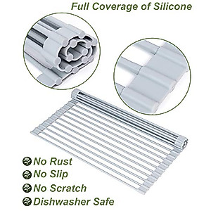 X Home Large Roll Up Dish Drying Rack, 20.5 x 13 Inch Silicone Coated Foldable Dish Rack Over The Sink for Kitchen, Gray
