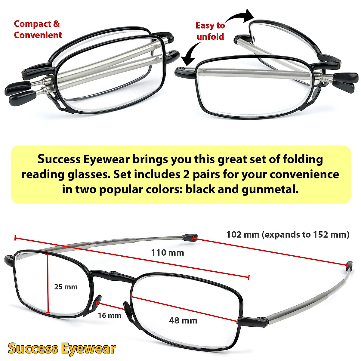 Success Eyewear Reading Glasses 2 Pair Black and Gunmetal Readers Compact Folding Glasses for Reading for Men and Women Case Included Bundle: Set of Black and Gunmetal With 2 Cases 1.5