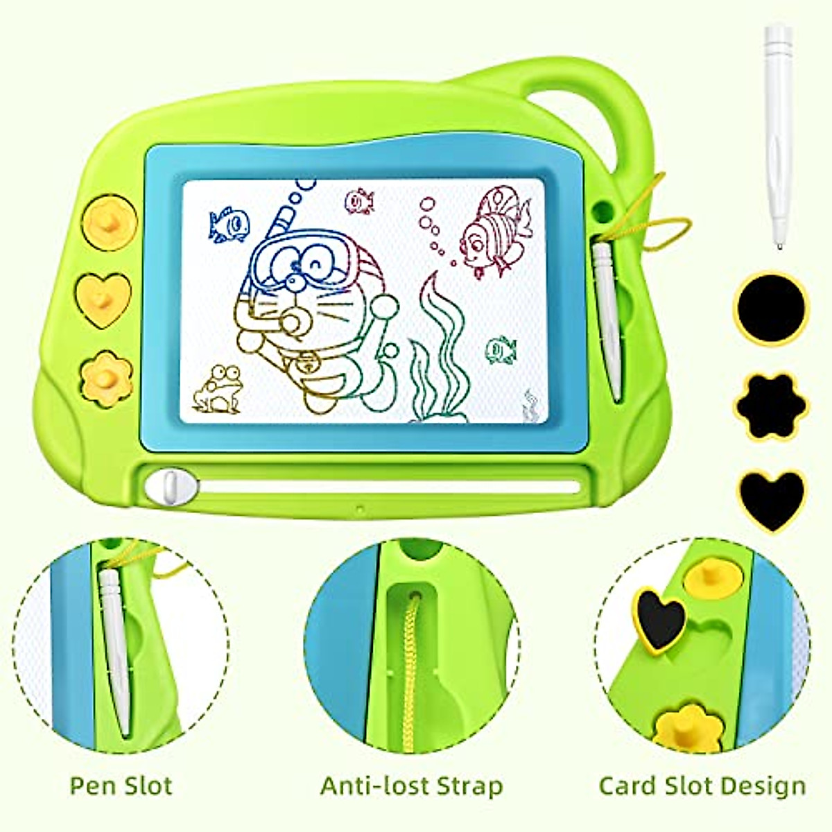AiTuiTui Magnetic Drawing Board Mini Travel Doodle, Erasable Writing Sketch Colorful Pad Area Educational Learning Toy for Kid/Toddlers/Babies with 3 Stamps and 1 Pen (Green)