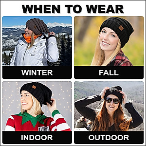 Funky Junque Trendy Warm Oversized Chunky Soft Oversized Cable Knit Slouchy Beanie (Black)