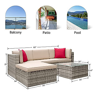 Tuoze 5 Pieces Patio Furniture Sectional Outdoor All Weather PE Rattan Wicker Lawn Conversation Cushioned Sofa Set with Glass Coffee Table (Grey)