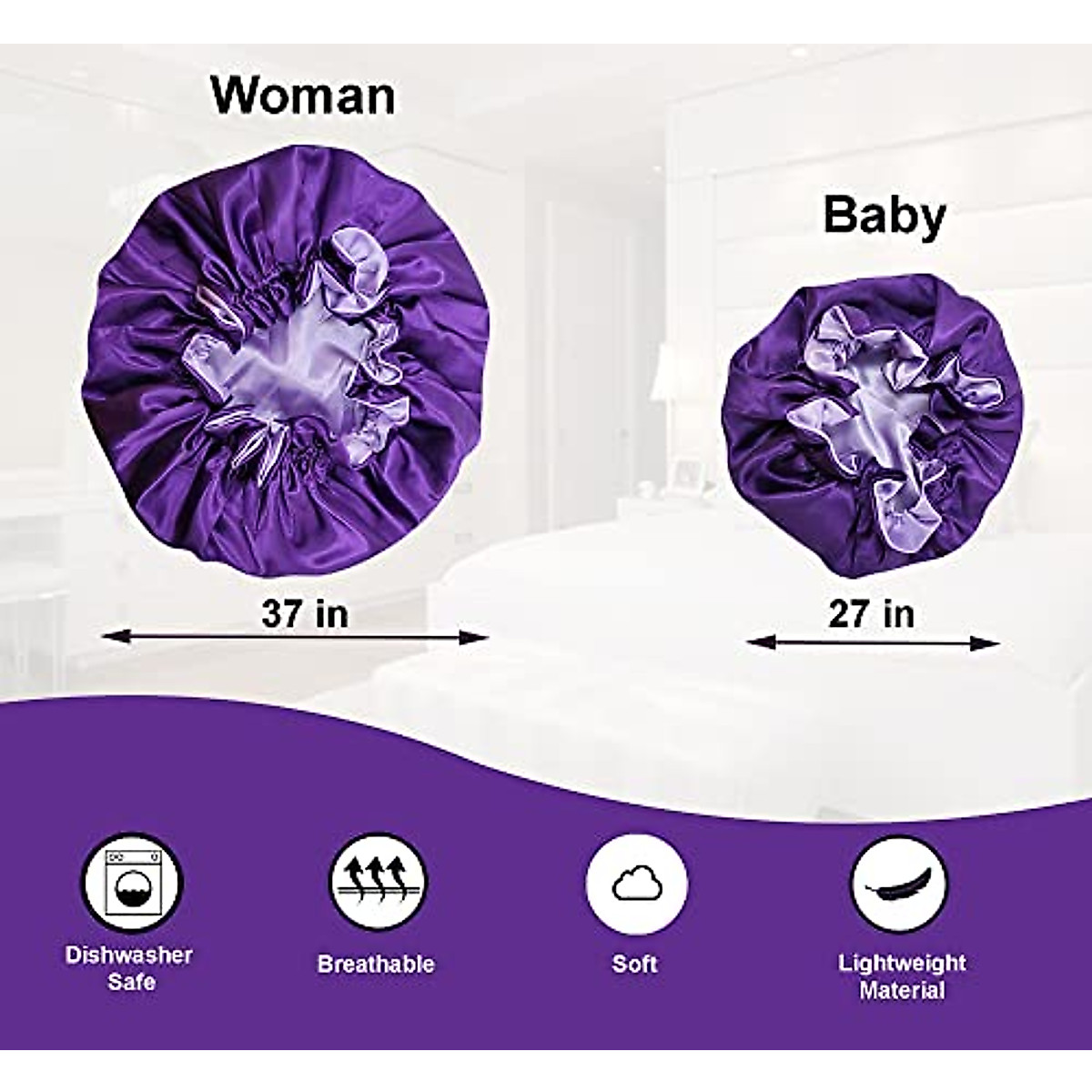 KiraBelle Matching Mommy and Me Satin Bonnet Set w/Travel Bag (Purple) Christmas, Easter, Birthday, Mother's Day