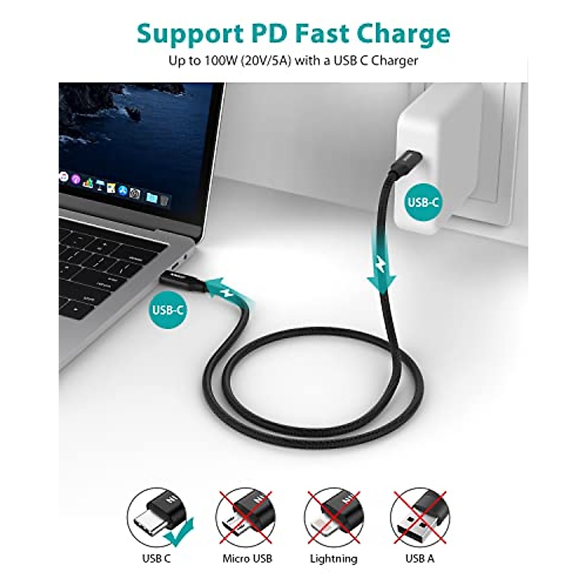 NIMASO USB C to USB C 3.1 Gen 2 Cable 10Gbps Data Transfer, 4K Video Output Monitor Cable 100W PD Fast Charging Compatible with Thunderbolt 3, MacBook Pro, iPad Pro, Galaxy S21, Google Pixel - 3.3FT