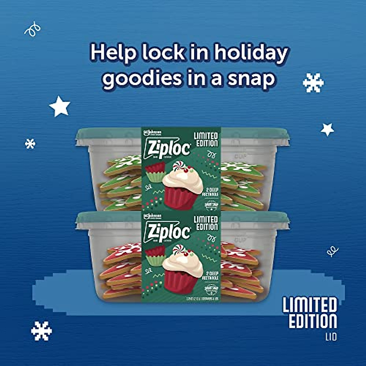 Ziploc Food Storage Meal Prep Containers Reusable for Kitchen Organization, Smart Snap Technology, Dishwasher Safe, Deep Square, 3 Count, Holiday Designs, Packaging May Vary