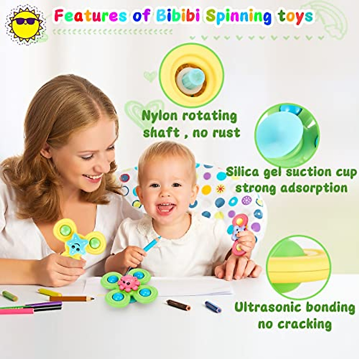 Bibibi Baby Toys, Bath Toys for Toddlers 1 3, Toddler Toys, Baby Travel Essential, Fidget Spinner, Sensory Toys, Bath Toy for Infants 6 12 Months, Baby Boy Toys, Toddler Girl Toys, Suction Cup Toys