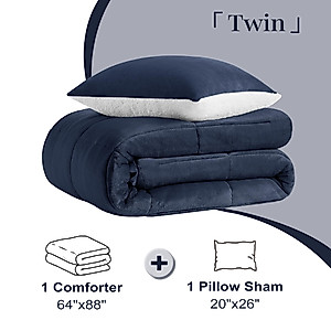 Basic Beyond Twin Comforter Set - Micromink Fleece Sherpa Comforter for Twin Bed, Soft and Warm Twin Bedding Comforter Set for Girls and Boys in Winter, Navy, 64"x88"