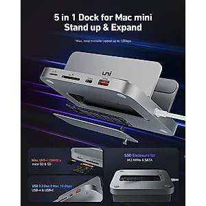uni Mac Mini Dock, 5-in-1 Hub Stand 10Gbps Super Fast SSD Enclosure[Aluminum Vertical], USB 3.2 USB-C & USB-A, Micro SD & SD Card Reader Compatible with M.2 NVMe/SATA(Not Included)