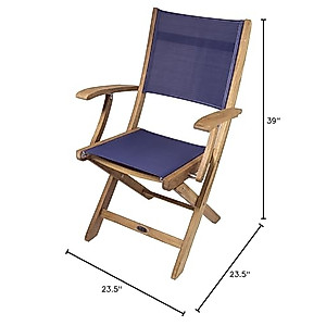 SeaTeak Bimini Foldable Chair - Director’s Chair with Blue Durasling Fabric - Teak Folding Chair for Boat, Poolside, Patio, Camping, Outdoors