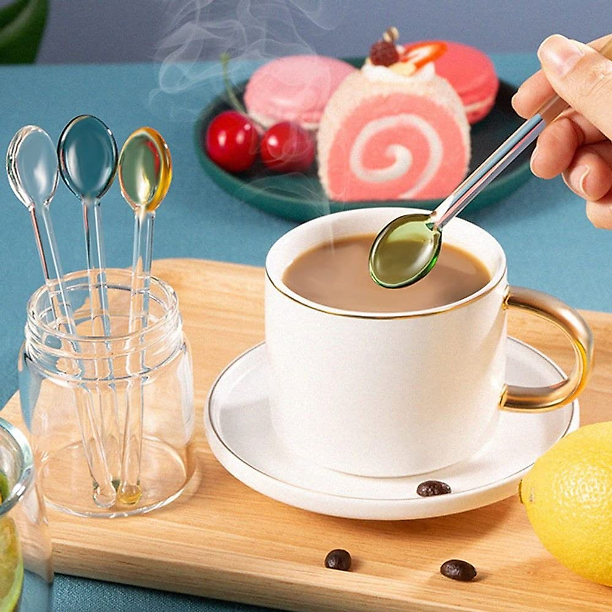 1/6PCS Clear Glass Coffee Spoon,Mixing Spoon Glass Coffee Milk Tea Spoons Long Handle Spoon for Home(transparent)