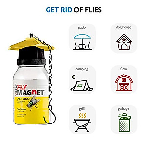 [Set of 3] Reusable Outdoor Fly Traps 32 oz - Fly Magnet Bait Trap - Made in USA - Bundled with 3 Bait Refills and 3 Hanging Chains