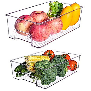 SANNO Vegetable Refrigerator Organizer Food Bins with lids Large Stackable Fridge Clear Organizers Kitchen Cabinet Organizer for Freezer, Kitchen, Countertops, Cabinets Pantry Storage Rack，set of 2