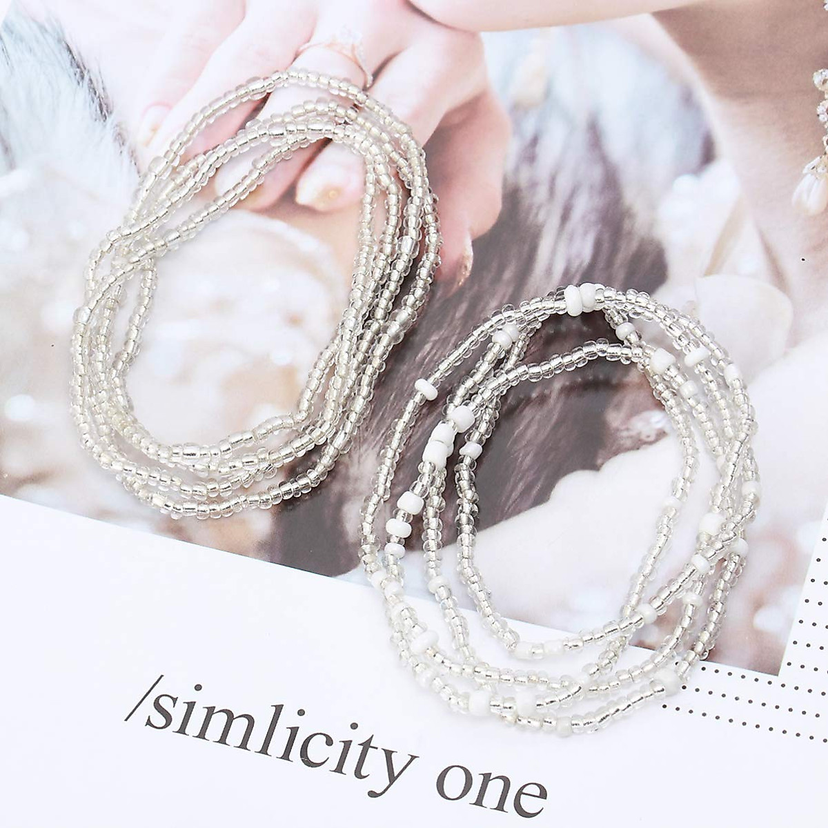 Happyyami 2Pcs Waist Beads Boho African Belly Chain Pregnancy Beach Body Chain Summer Bikini Jewelry for Woman Girl (Silver White)