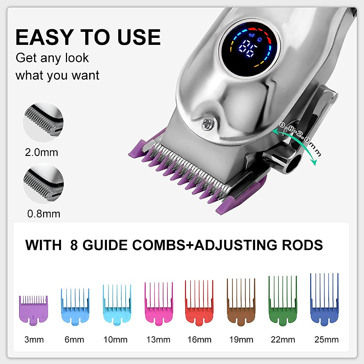 Hatteker Hair Clippers for Men Professional, Cordless Barber Clippers for Hair Cutting and Grooming, Upgrade Rechargeable Beard Trimmer Large Smart LED Display & IPX7 Waterproof (Silver)