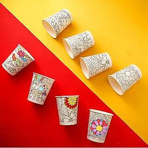 100 Pieces 9 oz Color Your Own Cups Kids Party Paintable Paper Cups Disposable Colorable Designs Activities Crafts DIY Party Supplies Floral Coffee Cup Tea Beverage Drinking Office Home Event