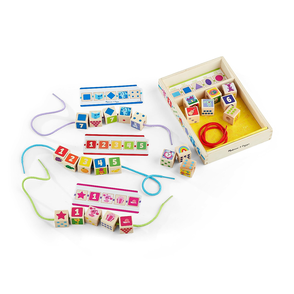 Melissa & Doug Blue’s Clues & You! Wooden Lacing Beads - 25 Beads, 4 Cords - FSC Certified
