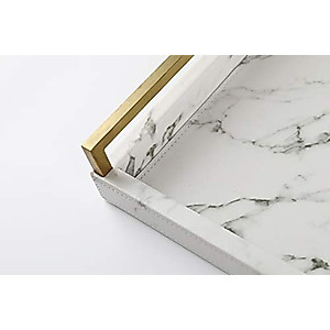 WV Coffee Table Serving Tray Faux Leather White Marble Finish with Brushed Gold Stainless Steel Handle for Living Room (White)
