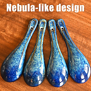 BOEEA 4 Pieces Soup Spoon Set, Asian Soup Spoon, Long Handle Ceramic Soup Spoons, Retro Blue Ramen Bowl Soup Spoon Suitable for Soup, Dumplings, Gravy, Cake, Oatmeal