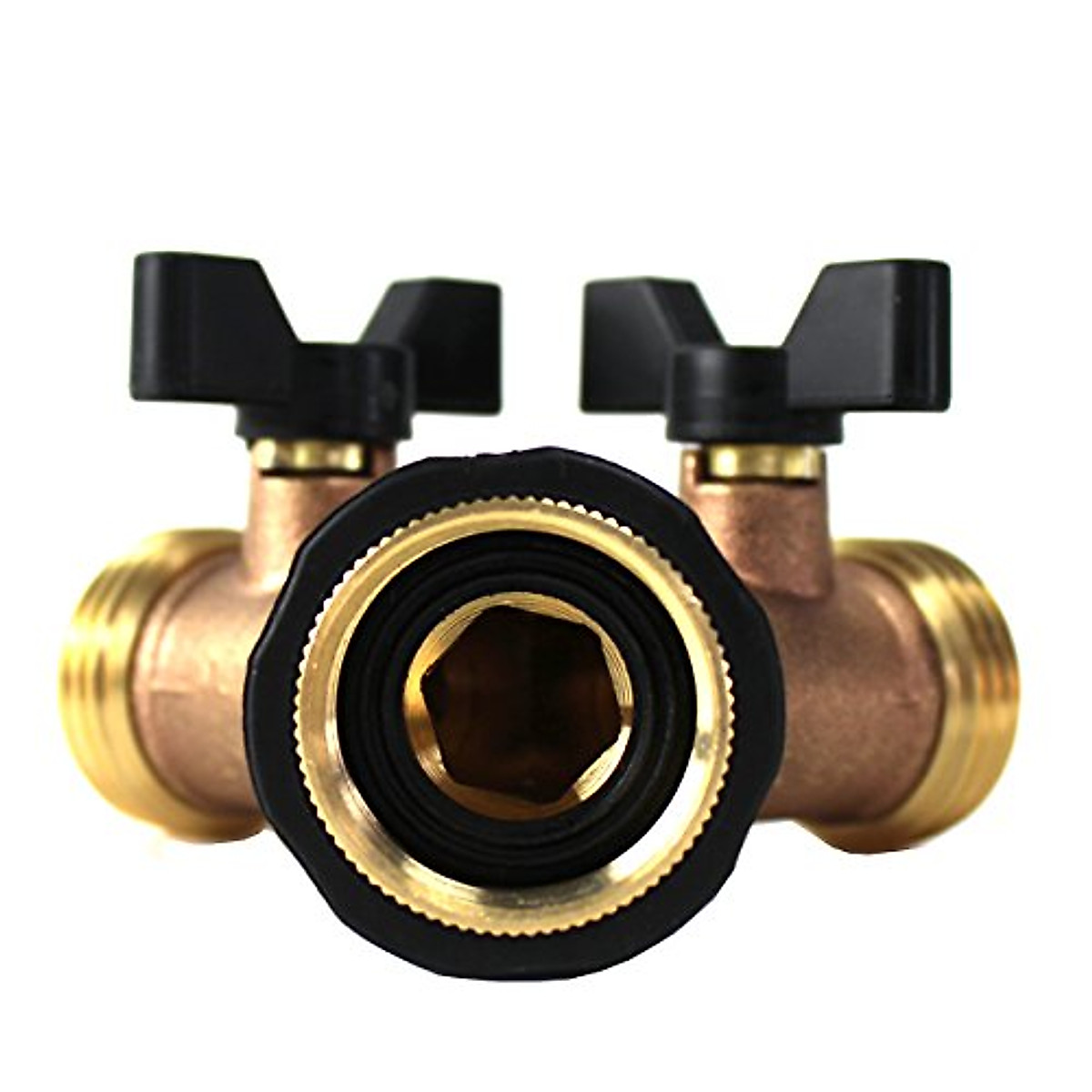 Kasian House Heavy Duty Brass Garden Hose Splitter, Y Valve, 2 Way Connector for Outdoor Faucet, Outside Water Bib Spigot Adapter, Large Comfort Grip Handles, 2 Extra Rubber Washers