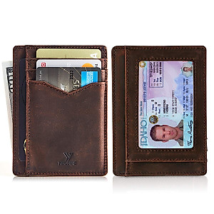 YBONNE Thin Front Pocket Wallet for Men and Women, RFID Blocking Card Holder, Made of Finest Genuine Leather (Brown)