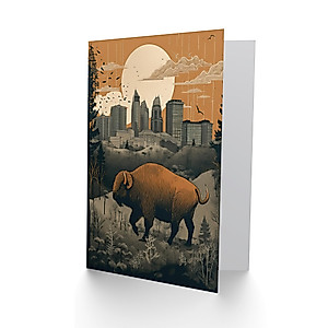Artery8 Bison in Forest by Urban Cityscape Modern Linocut Travel Birthday Sealed Greeting Card Plus Envelope Blank inside