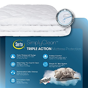 Serta Simply Clean Triple Action Mattress Pad, Waterproof Mattress Pad, Ultra Soft and Stain-Resistant Mattress Pad, Machine Washable, King, White