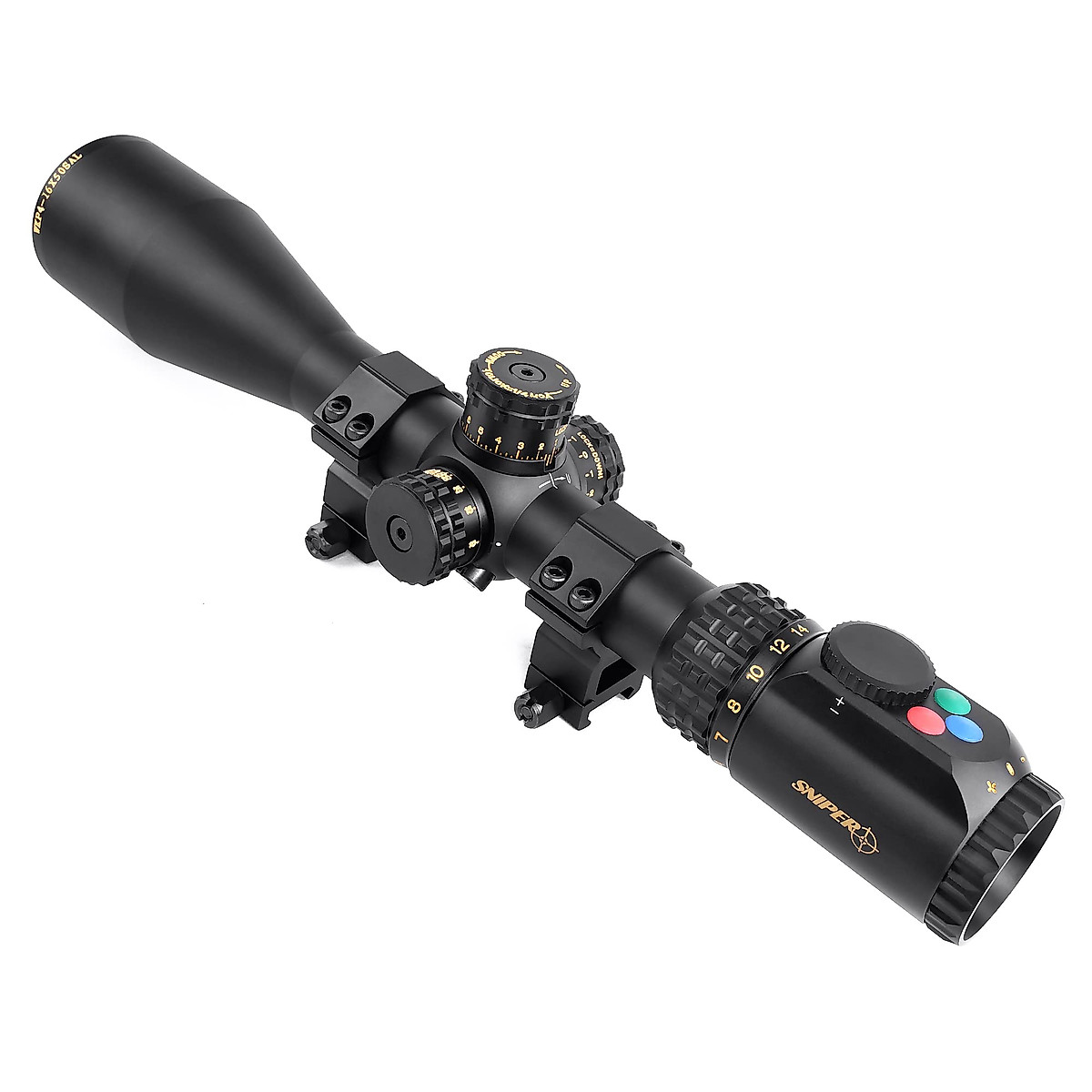 SNIPER Scope WKP 4-16x50 W Side adjustment. Red/Green Illumination reticle. Comes with extended sunshade and Heavy Duty Ring Mount and lens cover