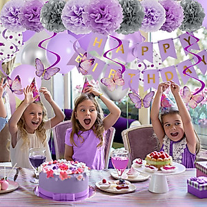 72Pcs Purple Birthday Party Decorations for Girls Women, Lavender Purple and Sliver Butterfly Party Decorations Supplies Balloons Happy Birthday Banner Circle Dots Paper Lanterns Pom Hanging Swirls