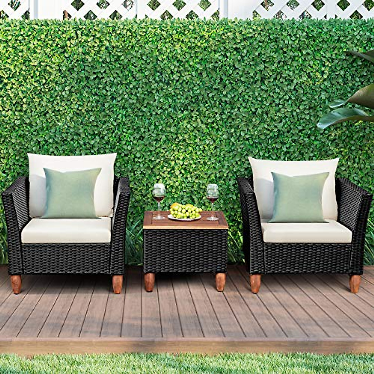 Tangkula 3 Piece Patio Furniture Set, Patiojoy Outdoor Wicker Rattan Bistro Sofa Set w/Washable Cushion, Acacia Wood Top Coffee Table, Conversation Set for Balcony Backyard Porch (White)