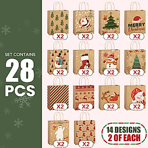 XPCARE 28 Pack Christmas Kraft Gift Bags with Handles, 9x7.5x3.5 Christmas Gift Bags, Christmas Goody Bags for Christmas Holidays Party Favors and Presents