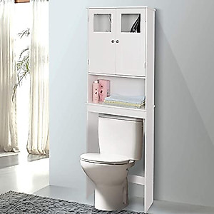 Bonnlo Over Toilet Storage, Bathroom Space Saver with Double Door Glass Window Cabinet Tower with Adjustable Shelf (White)