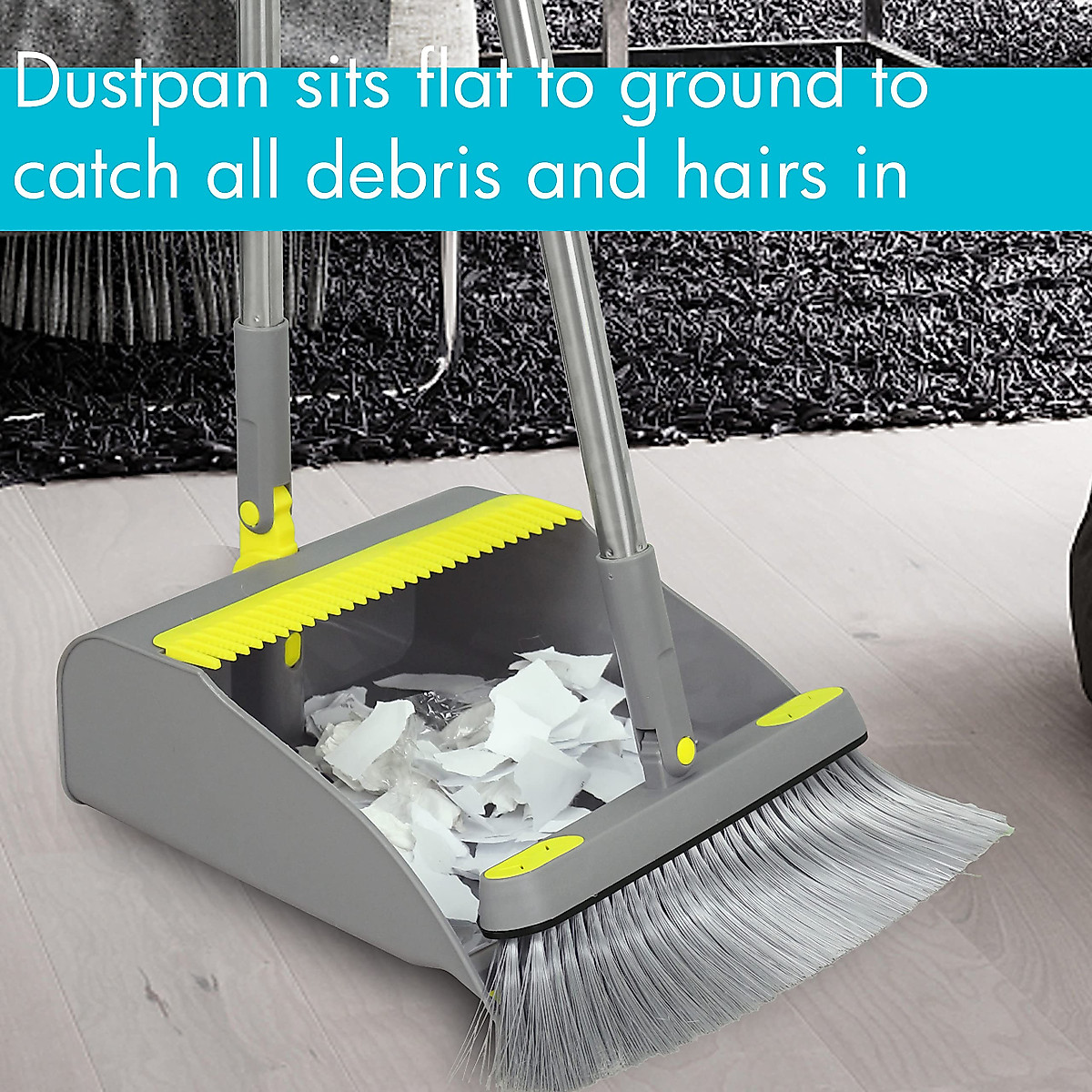 PHYEX 2-Pack Broom and Dustpan Combo Set, 48" Long Adjustable Handle Stand Up Dustpan with Self-Cleaning Teeth, Ideal for Home, Office, Kitchen, Indoor & Outdoor Use, Grey