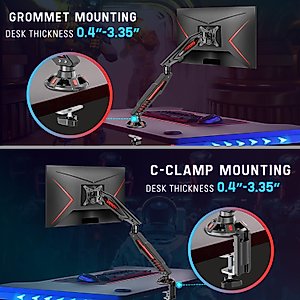 MOUNT PRO Single Gaming Monitor Stand - Mechanical Spring Monitor Mount, Adjustable Gaming Monitor Arm with C Clamp and Grommet Mounting Base - Fits for Computer Screen up to 32”, VESA 75x75, 100x100