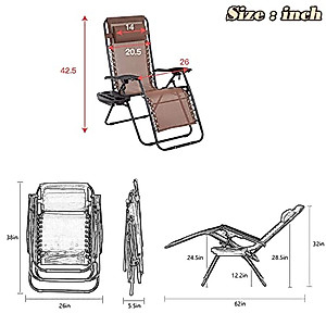 BSTOPHKL Zero Gravity Chair Outdoor Zero Gravity Folding Reclining Lounge Chair,1 Pack Adjustable Patio Lawn Lounge Chairs with Pillows and Cup Holder for Poolside/Backyard/Lawn/Camping (Brown)