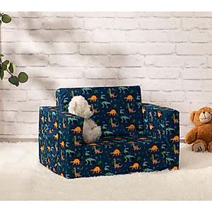 ALIMORDEN 2-in-1 Flip Out Comfy Toddler Couch, Lovely Kids Chair Convertible Sofa to Lounger for Story/Nap Time, Cool Dinosaurs