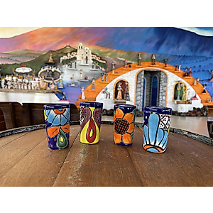 MEXTEQUIL - Talavera Shot Glasses Set of 4 Authentic Mexican Tequila Shot Glasses - Hand-painted - 2 Oz (Flowers)