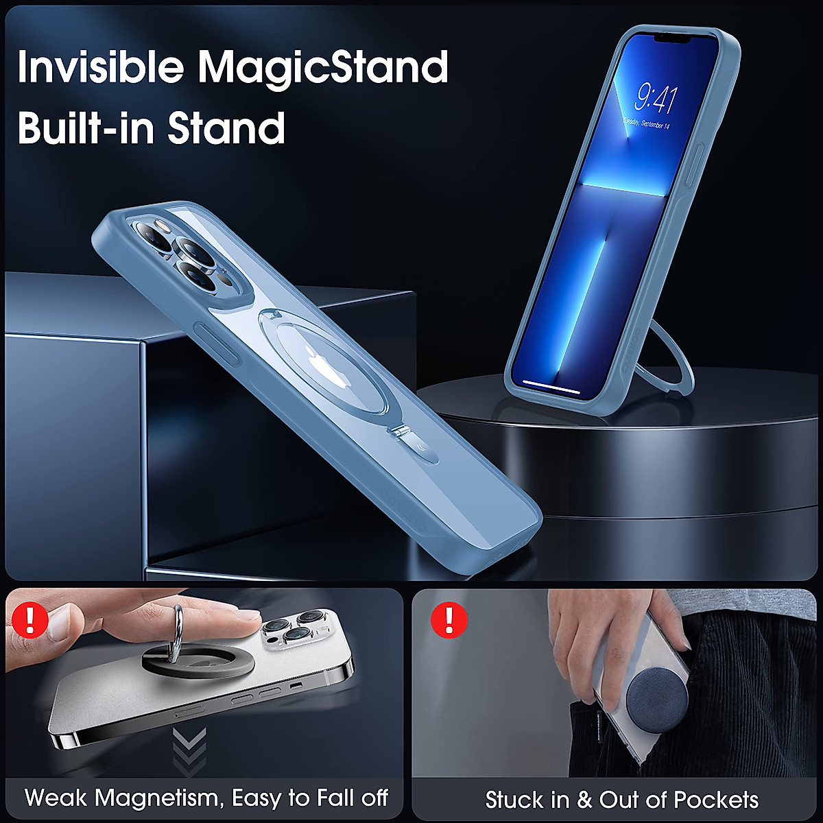 CASEKOO for iPhone 13 Pro Max Case Clear with Invisible Magnetic Stand, Compatible with MagSafe, Non-Yellowing, Military Drop Protection, Slim Ring Holder for Women Men 13 Pro Max Case, Blue