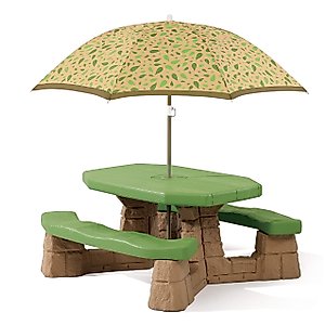 Step2 Naturally Playful Kids Picnic Table with Removeable Umbrella, Indoor/Outdoor Toys, Fits 6 Children, Made of Durable Plastic, For Toddlers 3+ Years Old, Green & Leaves