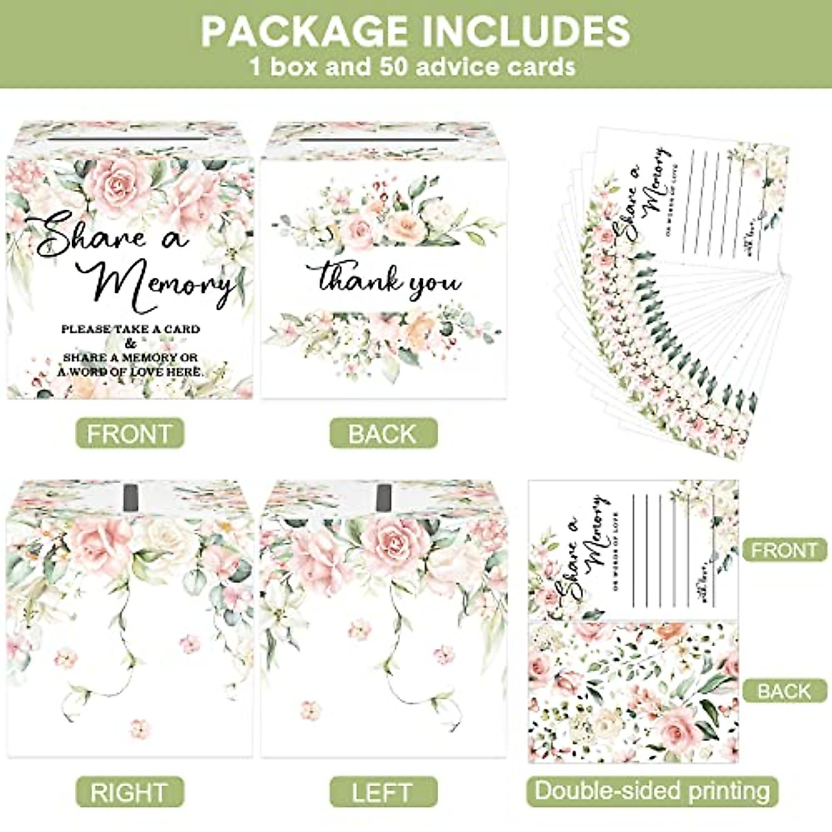 Tatuo 50 Pcs Greenery Share a Memory Cards for Collections of Life, Memory Cards Box Guest Card Ideas Pink Flower Box for Funeral Graduation Wedding Bridal Shower Birthday Anniversary Retirement
