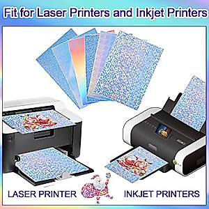 72 Sheets Holographic Sticker Paper with Gem Star A4 Size Printable Holographic Laminate Sheets Vinyl Star Sticker Paper Self Adhesive Waterproof for Ink Jet Laser Printer, 8.27" x 11.7"