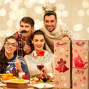 Pasimy 12 Pcs Christmas Wine Bags with Tissue Paper Christmas Red Foil Kraft Paper Wine Gift Bags with Handles Paper Assorted Design Wine Bags Gift Holiday for Bottle Wrapping Birthday Wedding Party