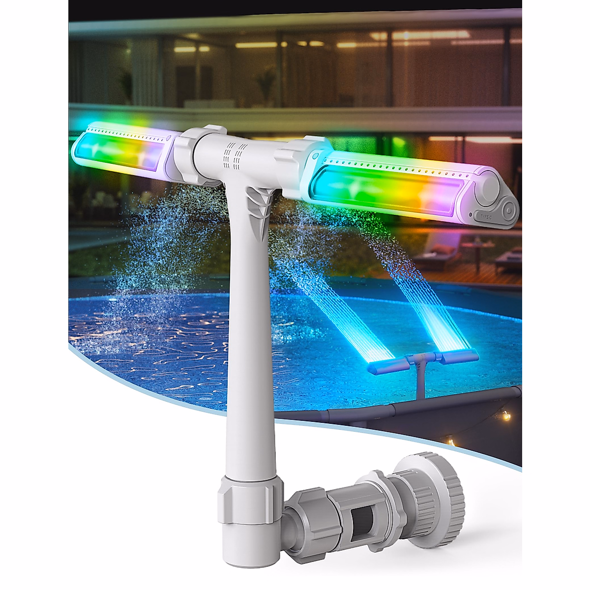 POOLHACKER Pool Fountain with 7-Color LED Lights, Above/Inground Pool Fountain Lights with Remote Control, Adjustable Pool Sprinkler Fountain with Dual Spray Heads, Above Ground Pool Cooling System