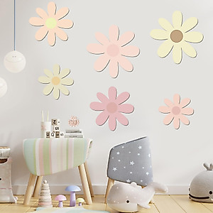 Thyle 6 Pcs Daisy Wall Decor Wooden Daisy Wall Art White Flowers Signs Hanging Plaque for Home Nursery Bedroom Farmhouse Bathroom Decorations Housewarming Gifts (Pink Style)