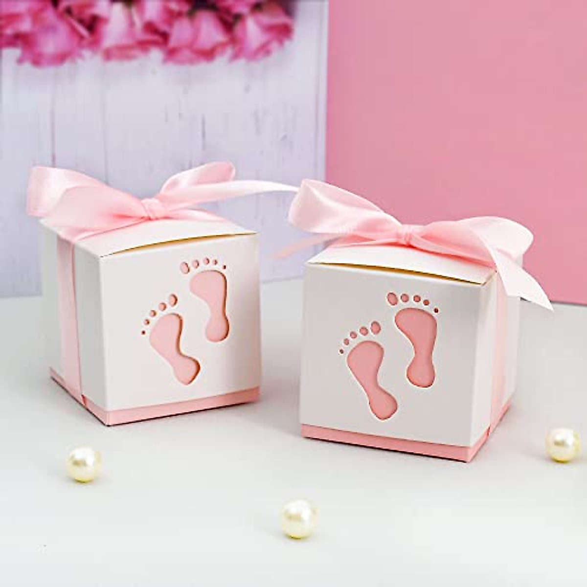 BEISHIDA Pink Baby Girl Shower Favor Boxes Footprint Party Favor Boxes Candy Boxes with Ribbons for Gender Reveal Party Newborn Baby Shower Party Favor (25pcs，2.4 inch)