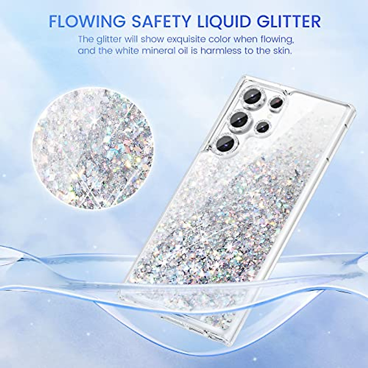 Caka [1+5] for Galaxy S23 Ultra Case, S23 Ultra Case Glitter with Camera Lens Protector for Women Girls Girly Sparkle Bling Liquid Phone Case for Samsung Galaxy S23 Ultra 5G - Clear Silver