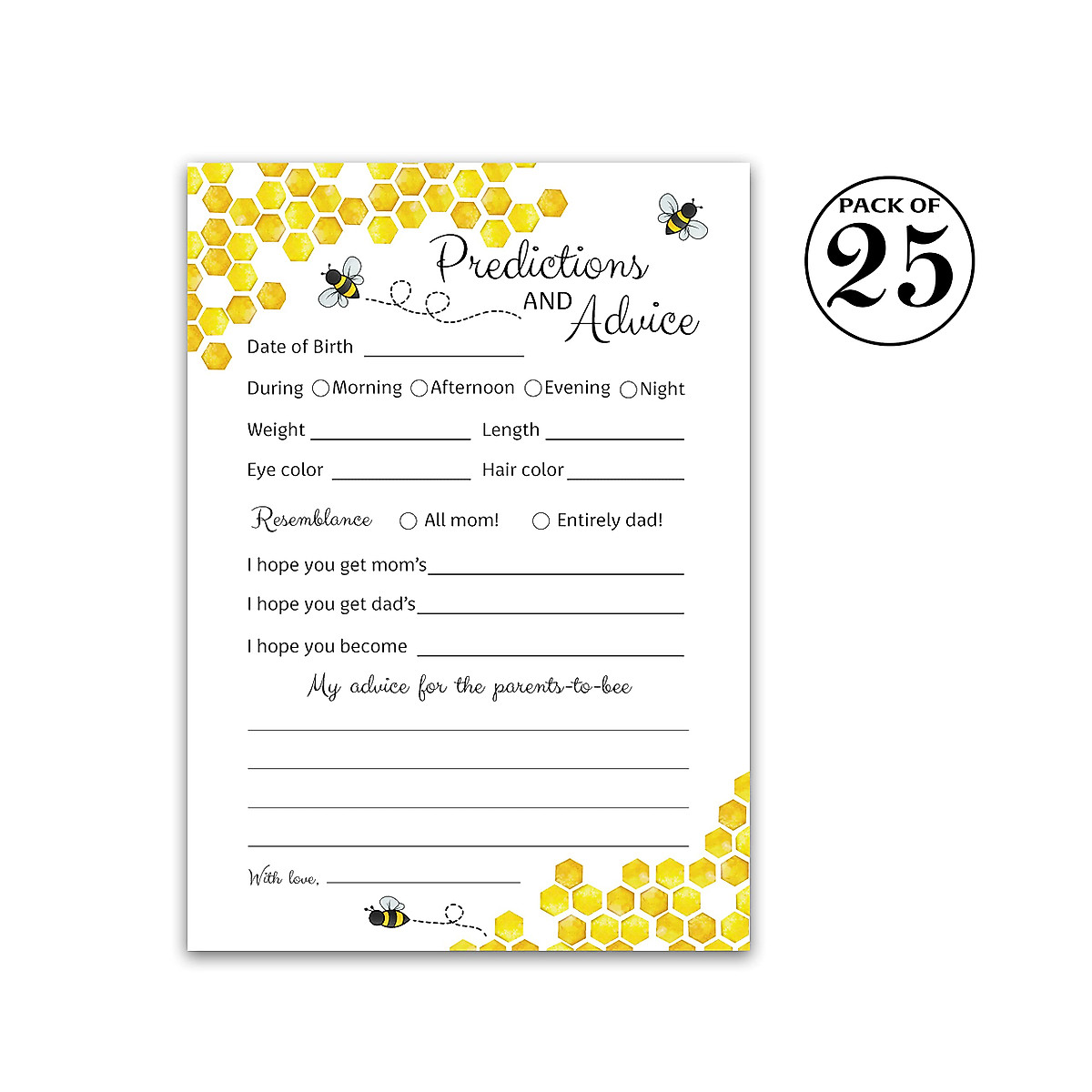 BEE Prediction and Advice Cards - Pack of 25 - Bumblebee Baby Shower Games, Yellow neutral Bumble bee New Parents, Mom & Dad to be, Mommy & Daddy Message, Honey bee Coed Activity Keepsake G620-PDAV